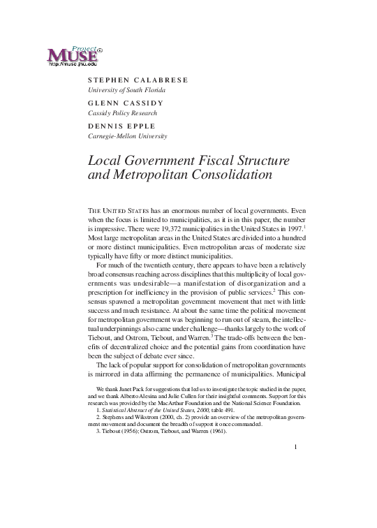(PDF) Local Government Fiscal Structure and Metropolitan Consolidation