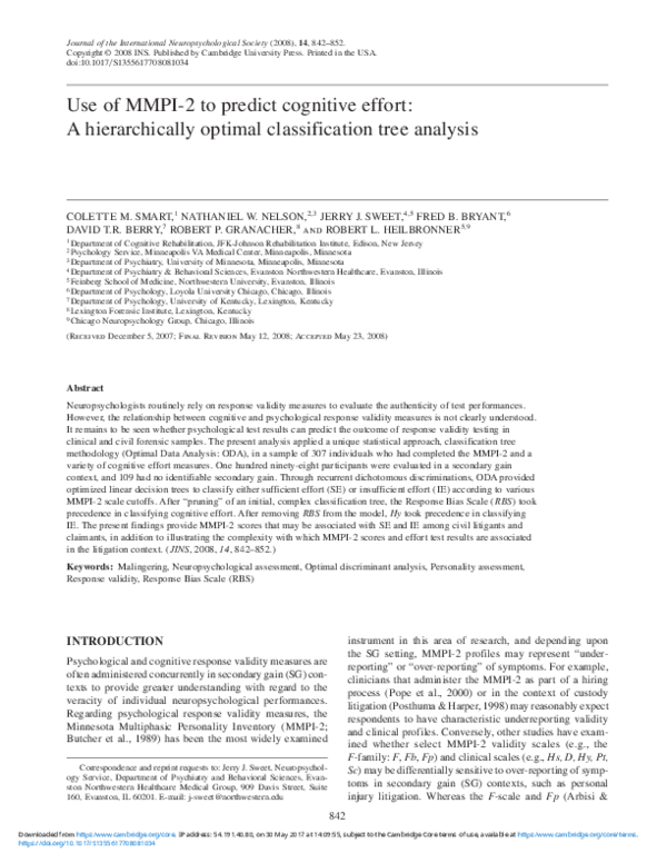 (PDF) Use of MMPI-2 to predict cognitive effort: A hierarchically optimal classification tree ...