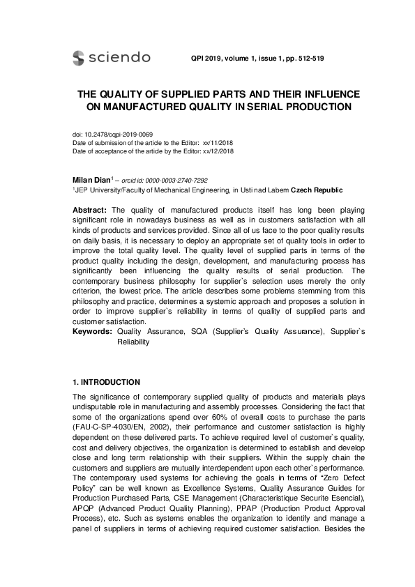 The Quality of Supplied Parts and Their Influence on Manufactured ...