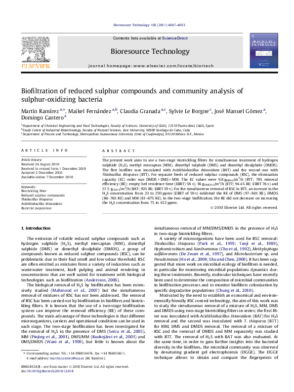 (PDF) Biofiltration of reduced sulphur compounds and community analysis ...