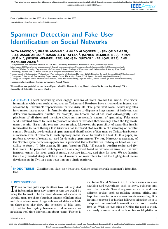 Pdf Spammer Detection And Fake User Identification On Social Networks
