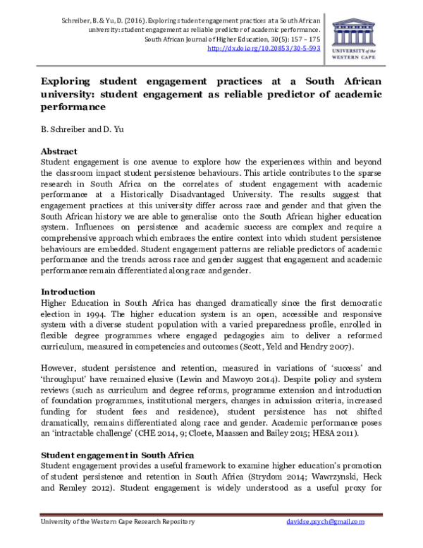 (PDF) Exploring student engagegment practises at a South African ...
