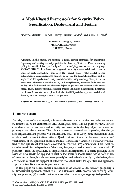 Pdf A Model Based Framework For Security Policy Specification Deployment And Testing