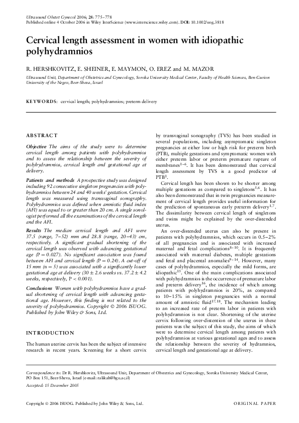 (PDF) Cervical length assessment in women with idiopathic polyhydramnios