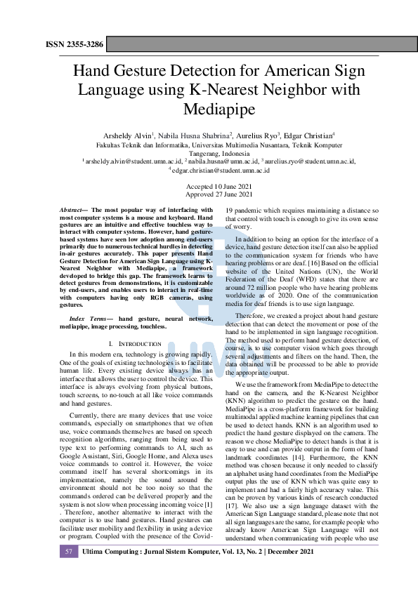 (PDF) Hand Gesture Detection for Sign Language using Neural Network with Mediapipe