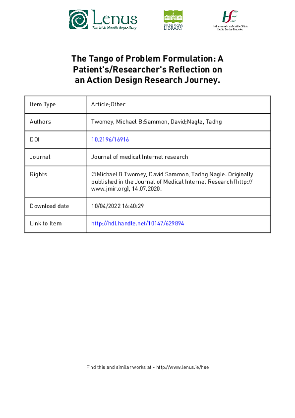 (PDF) The Tango of Problem Formulation: A Patient’s/Researcher’s ...