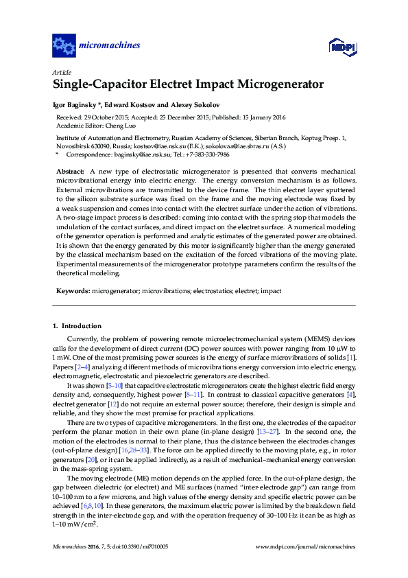 (PDF) Single-Capacitor Electret Impact Microgenerator
