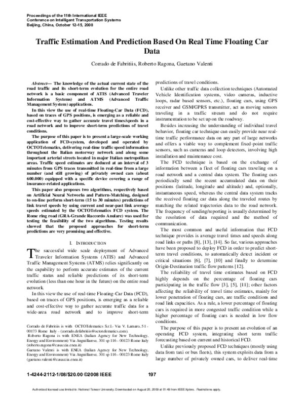 Pdf Traffic Estimation And Prediction Based On Real Time Floating Car Data