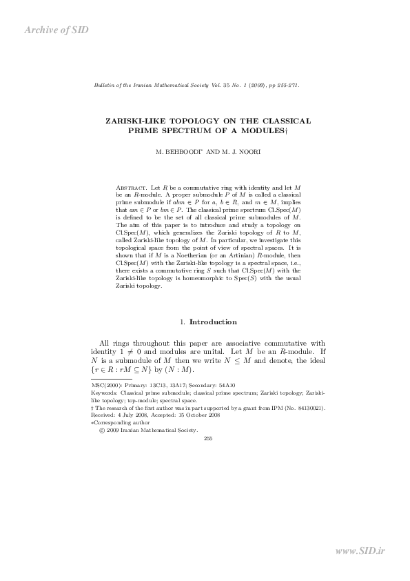(PDF) Zariski-like topology on the classical prime spectrum of a modules