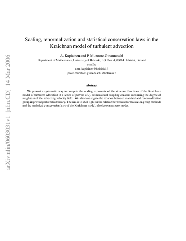 (PDF) Scaling, Renormalization and Statistical Conservation Laws in the Kraichnan Model of ...