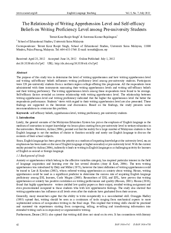 (PDF) The Relationship of Writing Apprehension Level and Self-efficacy ...