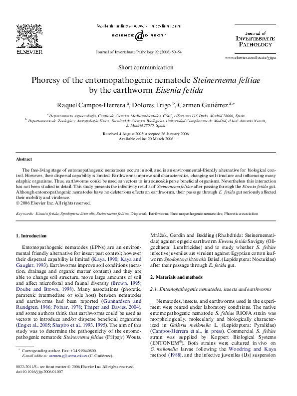 (PDF) Phoresy of the entomopathogenic nematode Steinernema feltiae by the earthworm Eisenia fetida
