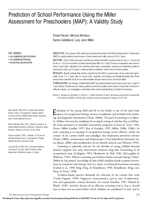 (PDF) Long-Term Predictive Validity of the Miller Assessment for ...