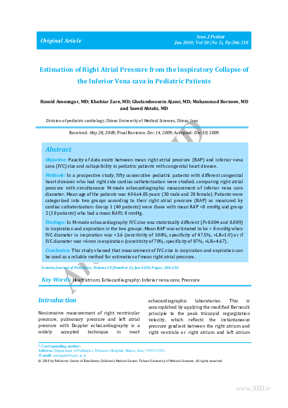 (PDF) Estimation of Right Atrial Pressure from the Inspiratory Collapse ...
