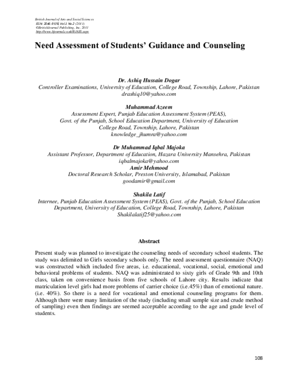 (PDF) Need Assessment of Students' Guidance and Counseling
