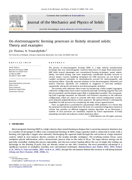 Pdf On Electromagnetic Forming Processes In Finitely Strained Solids Theory And Examples