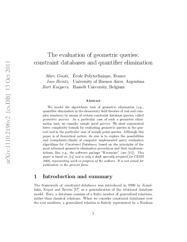 (PDF) The evaluation of geometric queries: constraint databases and quantifier elimination