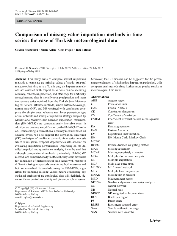 (PDF) Comparison of missing value imputation methods for crop yield data