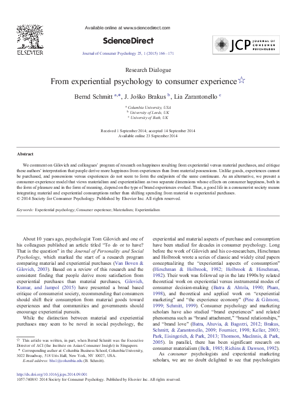 (PDF) From experiential psychology to consumer experience
