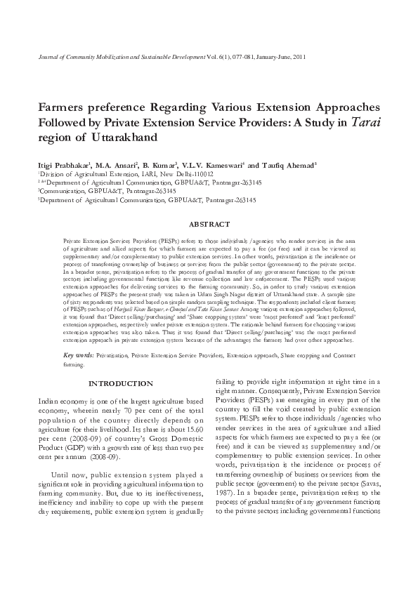 (PDF) Farmers preference Regarding Various Extension Approaches ...
