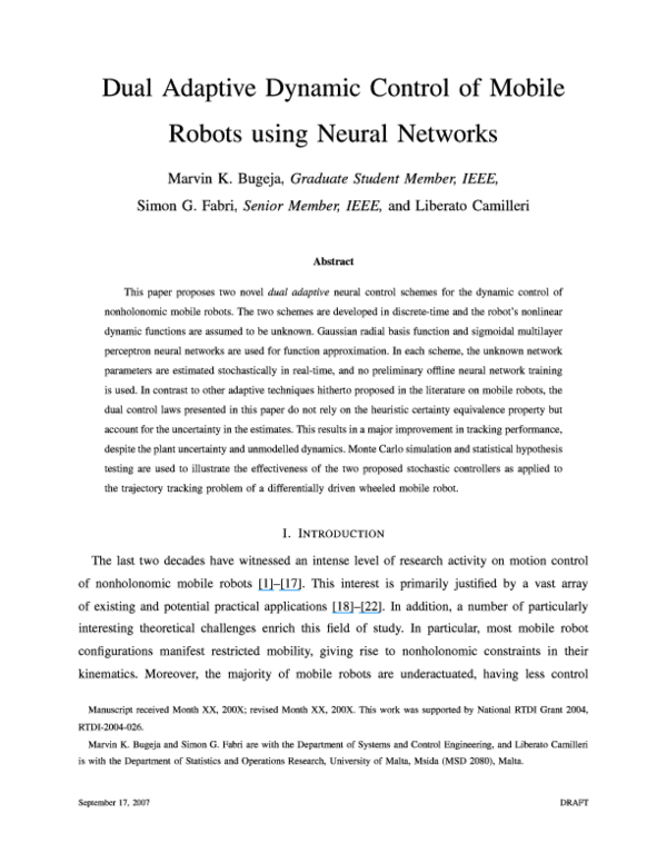 (PDF) Dual Adaptive Dynamic Control of Mobile Robots Using Neural Networks