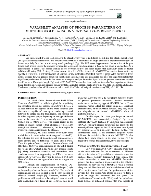 (PDF) Variability analysis of process parameters on subthreshold swing in vertical DG-MOSFET device
