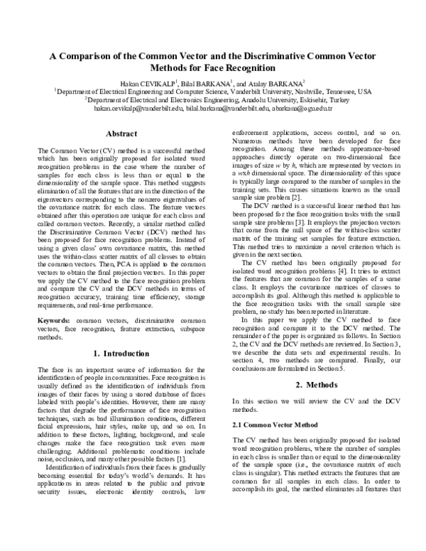 (PDF) A Comparison of the Common Vector and the Discriminative Common Vector Methods for Face ...
