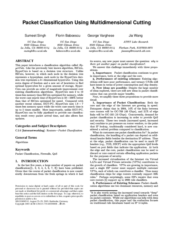 Pdf Packet Classification Using Multidimensional Cutting 
