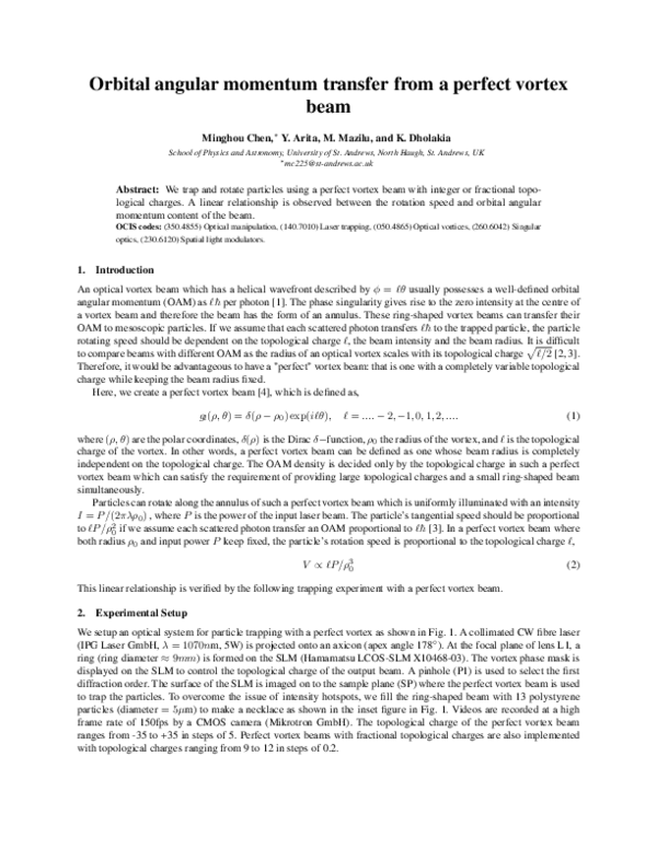 (PDF) Orbital angular momentum transfer from a perfect vortex beam