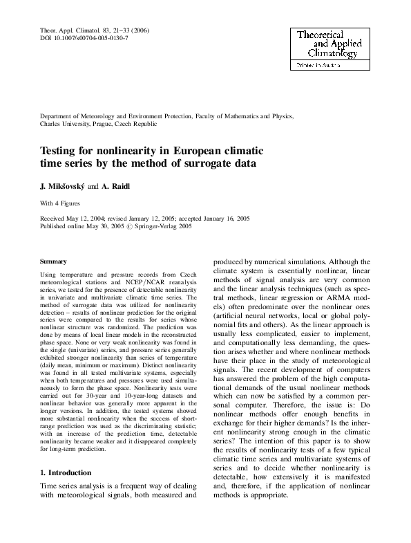 Pdf Testing For Nonlinearity In European Climatic Time Series By The