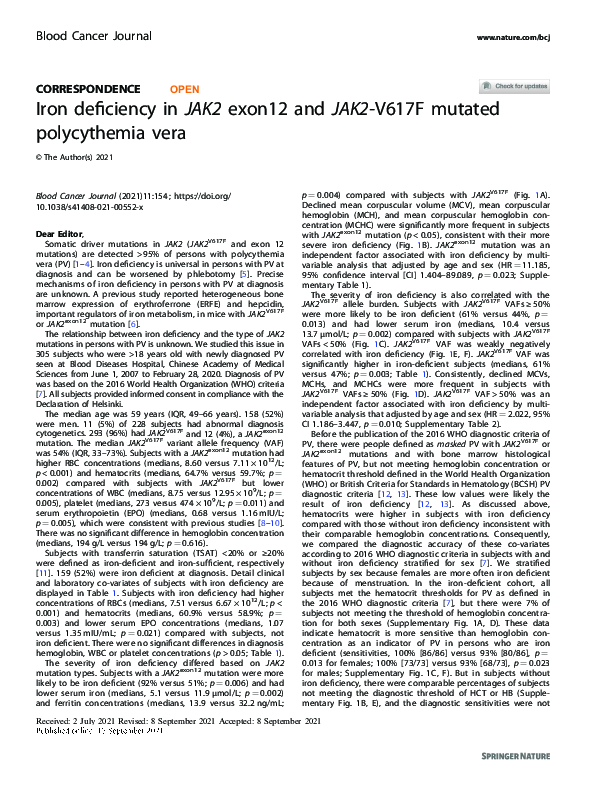 (PDF) Iron deficiency in JAK2 exon12 and JAK2-V617F mutated ...