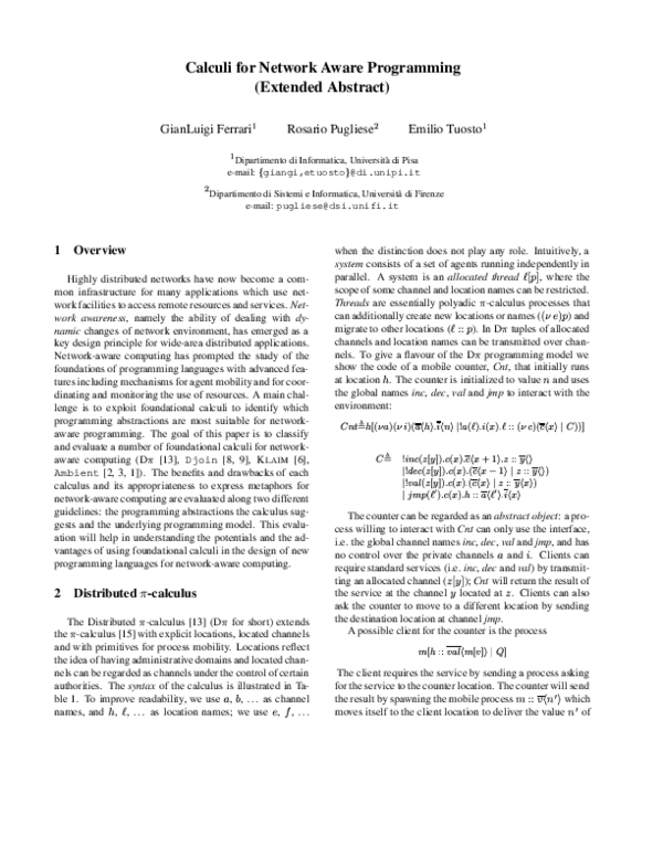 (PDF) Calculi for Network Aware Programming (Extended Abstract)