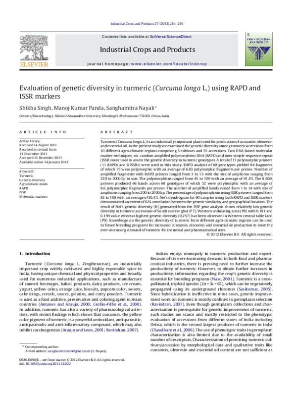 (PDF) Evaluation of genetic diversity in turmeric (Curcuma longa L ...