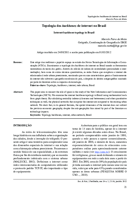 (PDF) Topologia dos backbones de internet no Brasil / Internet backbone ...