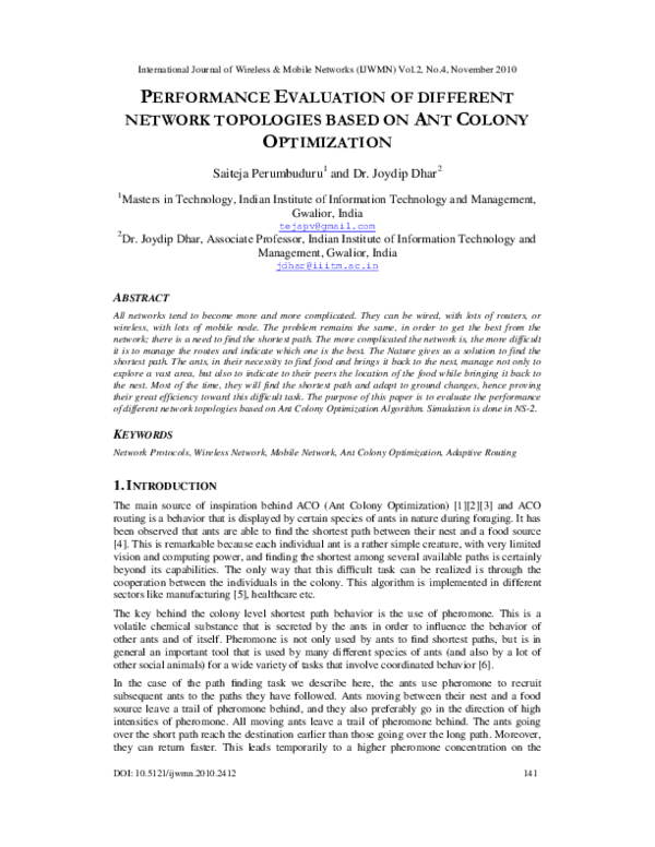 (PDF) Performance evaluation of different network topologies based on ant colony optimization