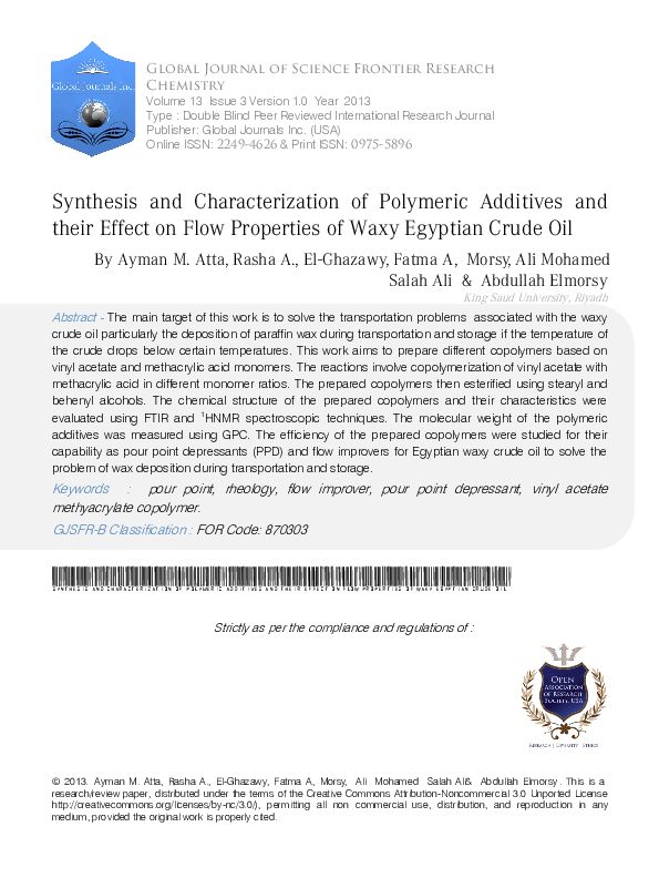 (PDF) Synthesis and Characterization of Polymeric Additives and their ...