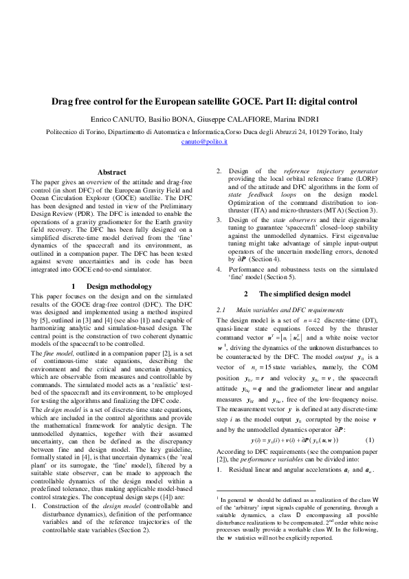 (PDF) Drag free control for the European satellite GOCE. Part I: modelling