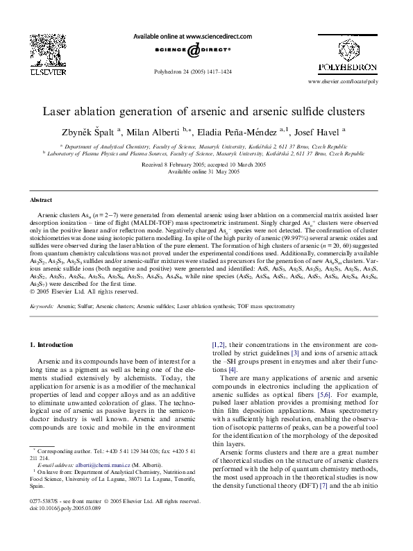 Laser ablation generation of arsenic and arsenic sulfide clusters