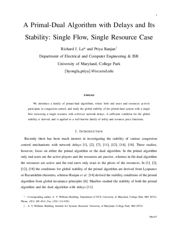 (PDF) A Primal-Dual Algorithm with Delays and Its Stability: Single Flow, Single Resource Case