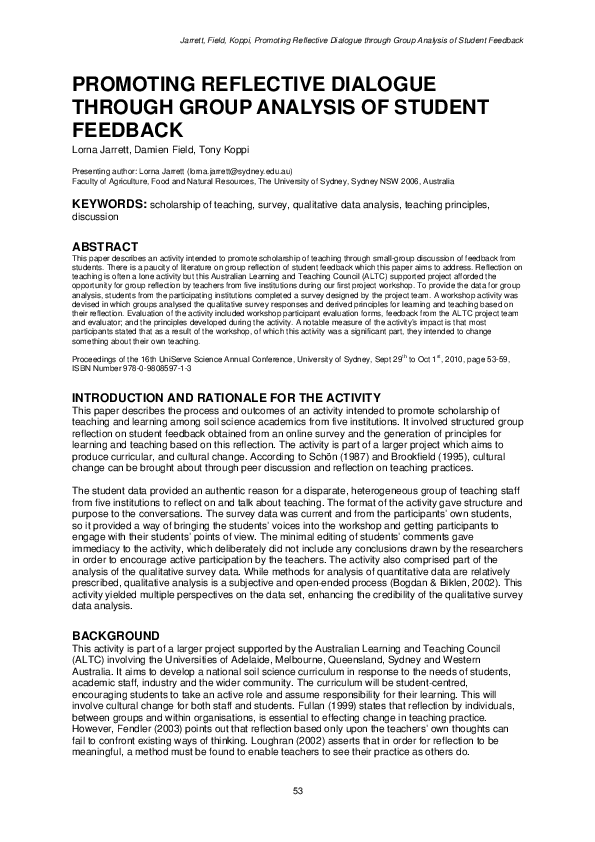 (PDF) Promoting reflective dialogue through group analysis of student ...