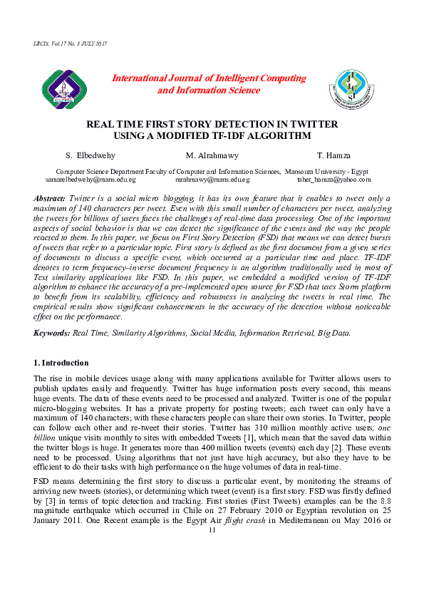 (PDF) Real Time First Story Detection in Twitter Using a Modified TF ...