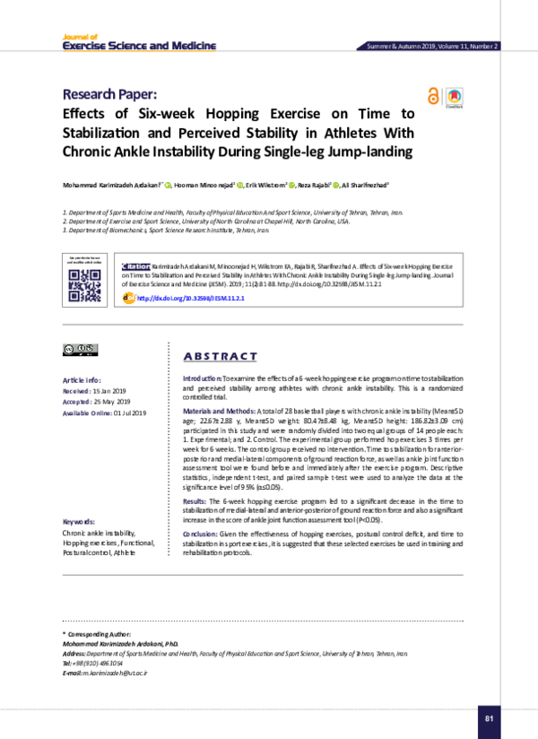 (PDF) Effects of Six-week Hopping Exercise on Time to Stabilization and ...