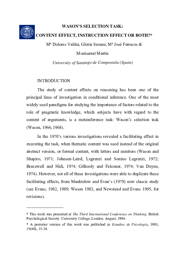 (PDF) Wason's selection task, Content effect, instructions effect or both?