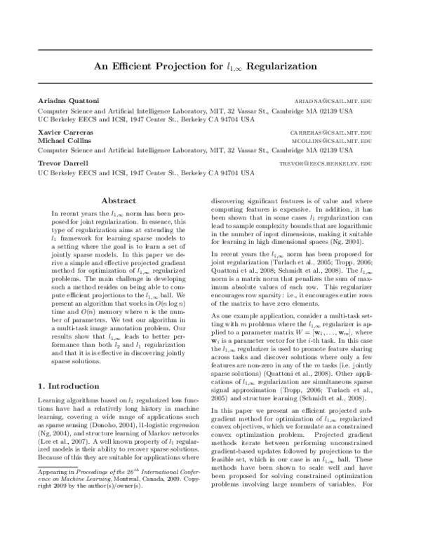 (PDF) An Efficient Projection for l1, ∞ Regularization