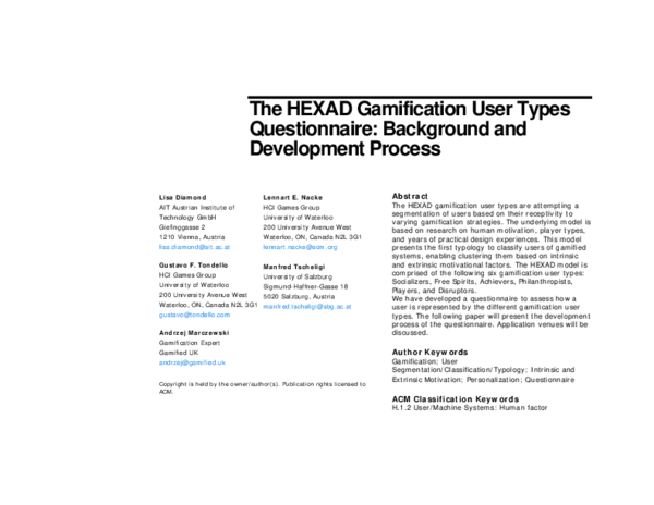 (PDF) The HEXAD Gamification User Types Questionnaire: Background and Development Process