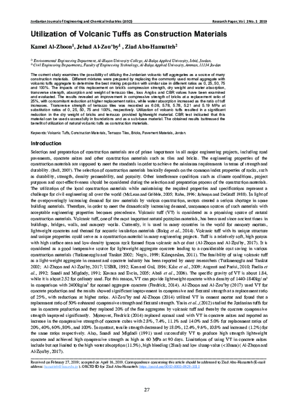 (PDF) Utilization of Volcanic Tuffs as Construction Materials