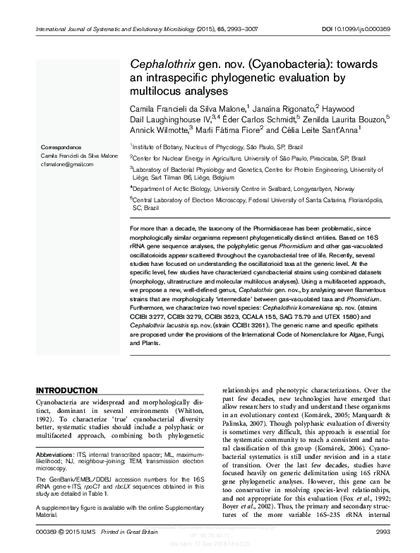 (PDF) Cephalothrix gen. nov. (Cyanobacteria): towards an intraspecific ...