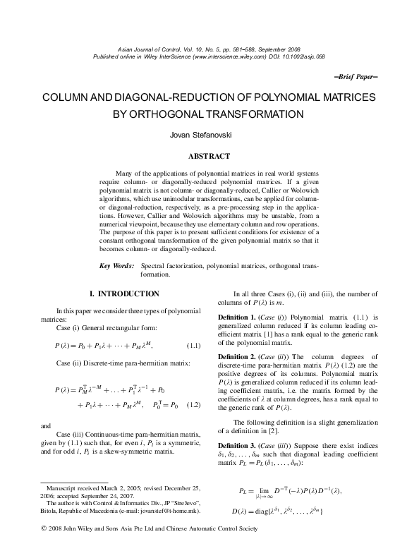 (PDF) Column and diagonal-reduction of polynomial matrices by orthogonal transformation | Jovan ...