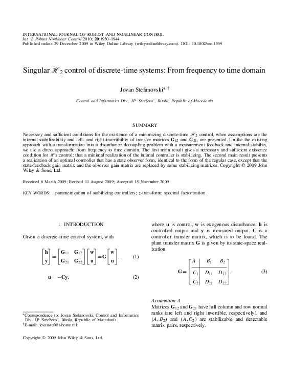 (PDF) Singular ℋ︁2 control of discrete-time systems: From frequency to time domain | Jovan ...