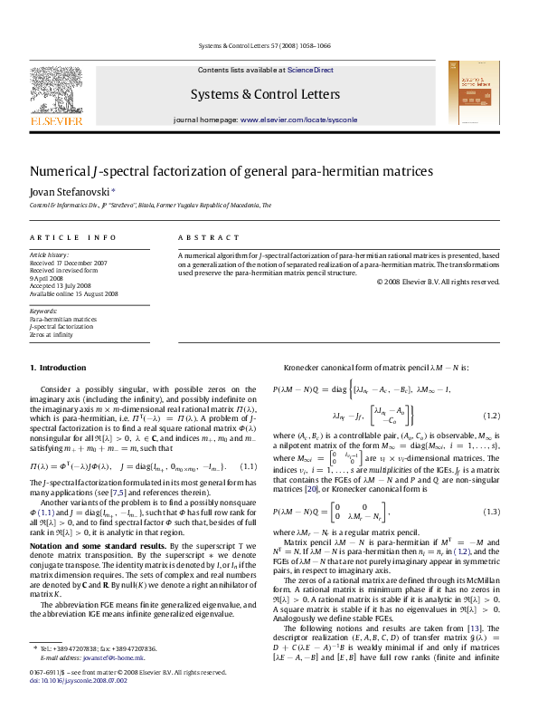 Pdf Numerical Spectral Factorization Of General Para Hermitian Matrices 